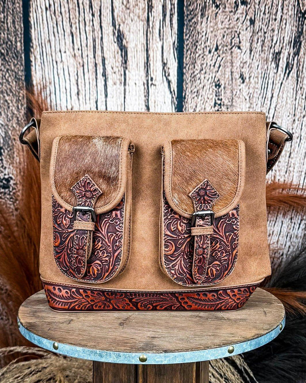 Desert Bloom Tooled Hairon Shoulder Bag in Brown by Trinity Ranch ...