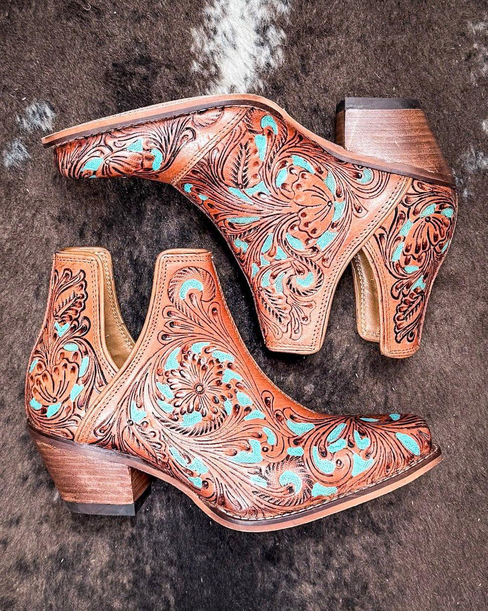 Sundance Spirit Handtooled Leather Booties in Turquoise by Myra Bag x ...